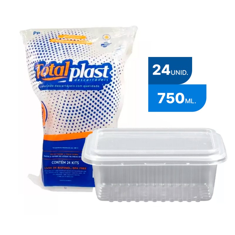 Kit Pote com Tampa Retangular Totalplast - 750ml (Conjunto com 24 Unidades)